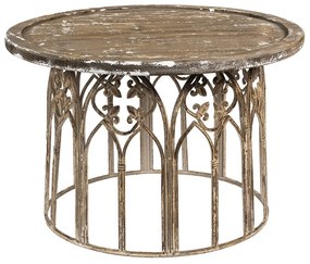 Vintage odkládací kovový stolek s dřevěnou deskou - Ø 80*53 cm