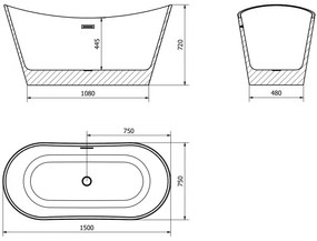 Mexen Montana, volně stojící vana 150 x 75 cm, bílá-černá, bílý přepad, 52011507575-20