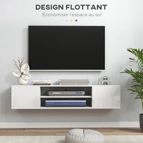 HOMCOM Nástěnný televizní stolek v moderním stylu - 2 skříňky, 2 centrální nika a 2 otvory pro správu kabelů 140 x 30 cm bílá