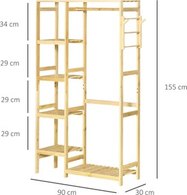 HOMCOM Bambusový věšák na kabáty s 4 policemi, spodní tyčí a bočními háčky na oblečení a tašky, 90x30x155 cm, přírodní