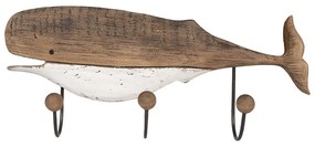 Hnědý antik dřevěný nástěnný věšák se 3-mi háčky Velryba Nauticco - 53*10*23 cm
