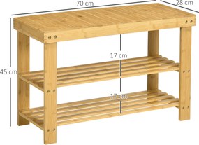 HOMCOM Lavice na boty Šatní lavice z bambusu se 3 policemi na 6 párů bot, botník 70 x 28 x 45 cm, přírodní řešení úložného prostoru | Aosom.de