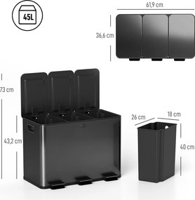 Odpadkový koš s přihrádkami 3 x 20 l, víko s deodorantem, odolné proti otiskům prstů, měkké zavírání, vyjímatelné, černé provedení