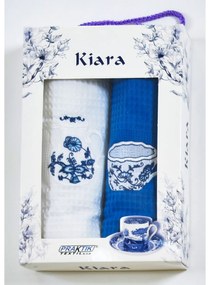 Utěrky KIARA 142 vaflové vyšívané, dárkové balení, hrníček a konvička, modro-bílá, 2 kusy 50x70cm