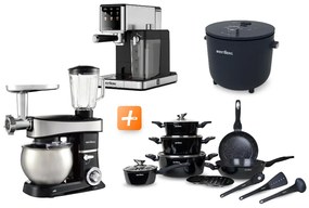 MEGAKOMBO Kuchyňský robot BestBerg BBR-2000BK + 15dílná sada nádobí BBN-1015A + Nízkosacharidový rýžovar BBRC-100 + Pákový espresso kávovar s napěňovačem BBCF-2032