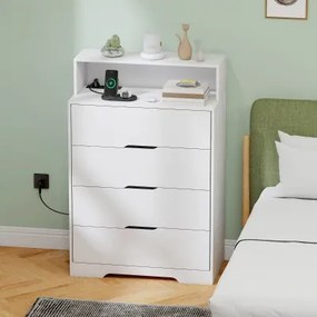 HOMCOM komoda do ložnice se 4 zásuvkami, nabíjecí stanice s USB, USB‑C, otevřená přihrádka, 80x40x120 cm, bílá