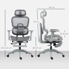 HOMCOM Kancelářská židle, ergonomická židle k psacímu stolu s potahem ze síťoviny, nastavitelná, na kolečkách, s opěrkami rukou, opěrkou hlavy, šedá