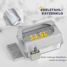 PawHut Nerezová kočičí toaleta Otevřená kočičí toaleta bez víka XXL Kočičí toaleta se škrabkou Vysoký okraj Úložný box Kočičí toaleta pro středně vel…