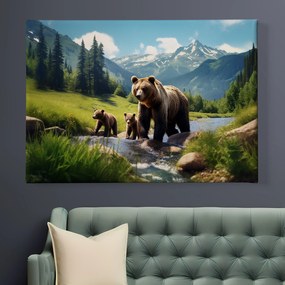 Obraz na plátně - Medvědí rodina se cachtá v potoce v údolí FeelHappy.cz Velikost obrazu: 40 x 30 cm