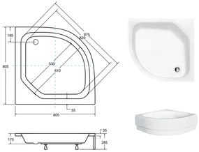 Besco Diper II čtvrtkruhová vysoká sprchová vanička Rozměr vaničky: 90x90cm