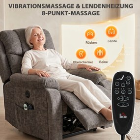 HOMCOM Relaxační křeslo, televizní křeslo s pomocí při vstávání, masáž a teplo, křeslo pro seniory se širokým a hlubokým sedákem, USB připojení