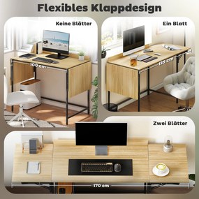 HOMCOM Sklápěcí počítačový stůl se 2 vysouvacími deskami, hodně místa pro monitory, kovové nohy, robustní konstrukce, dub+černá