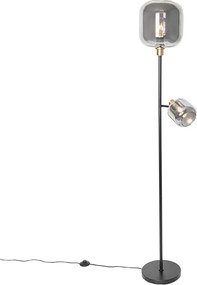 Stojací lampa černá se zlatem a kouřovým sklem 2-světlo - Zuzanna