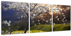 Obraz - Rozkvetlý strom v krajině (s hodinami) (90x30 cm)