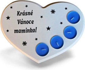Dřevěný vánoční svícen srdce Krásné Vánoce modré svíčky