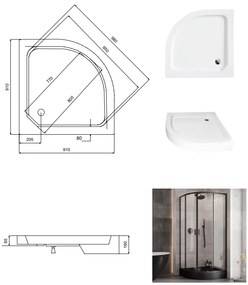 Besco Zarya čtvrtkruhový sprchový kout s vaničkou Alex, black Rozměr koutu: 90x90cm