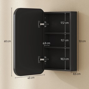 HOMCOM zrcadlová skříňka do koupelny, nástěnná černá lékárnička s nastavitelnými policemi a panty s tlumeným dovíráním, 40 x 10 x 60 cm