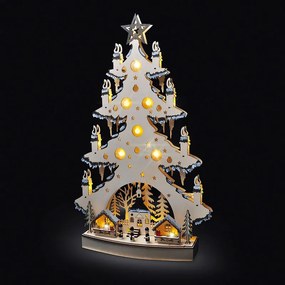 SOLIGHT LED dřevěný vánoční stromek s dekoracemi, 23x LED, přírodní barva, 64cm, 2x AA