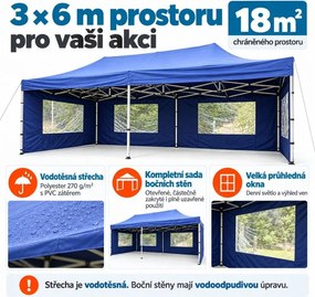 Nůžkový párty stan 3 × 6 m s bočními stěnami, modrý