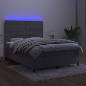Box spring postel s matrací a LED světle šedá 140x200 cm samet 3136185