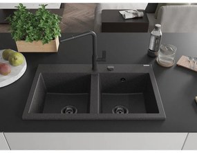 Mexen Hektor, 2-komorový granitový dřez 800x480x205 mm, černá skvrnitá, grafitový sifon, 6521802000-76-B