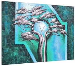 Orientální modrý obraz stromu a slunce (70x50 cm)