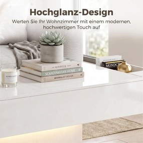 HOMCOM LED konferenční stolek s úložným prostorem, vysoký lesk, moderní, 2 zásuvky a dálkové ovládání, bílá