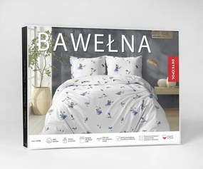 Detexpol Bavlněné povlečení 220x200 bílé s modrými květy a zelenými listy – 5769 B – Cotton Bloom