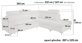 Sedací souprava DORIAN s taburetem | 263x167/232 | rozkládací + úlož. prostor | PRAVÁ | VÝBĚR TKANIN