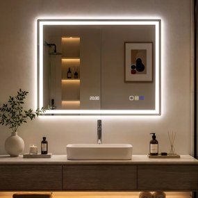 HOMCOM LED koupelnové zrcadlo Bluetooth 90 x 70 cm dotykový spínač, stmívatelné světlo 3 barvy, protimlž, paměť, stříbrné