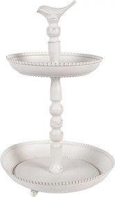 Bílý antik kovový dekorační dvoupatrový etažér s ptáčkem Birdi - Ø 27*41 cm