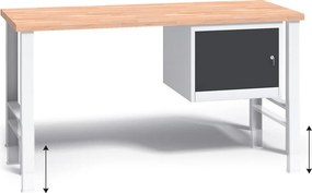 Výškově nastavitelný pracovní stůl do dílny G3 se závěsnou skříňkou na nářadí, buková spárovka, 1500 x 685 x 840 - 1050 mm, grafit