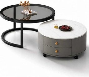 LuxuryForm DESIGN Konferenční stolek ORION 70 × 70 / 50 × 50 cm – šedý / bílý mramor + sklo (set 2 ks)