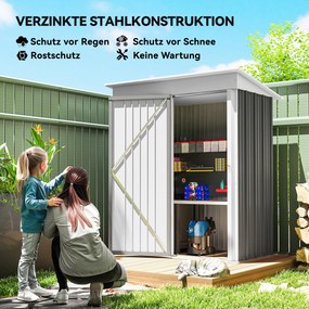 Zahradní domek Outsunny z oceli s 2 nastavitelnými policemi, úložný domek na nářadí s střechou a zamykacími dveřmi, 161x95x163/181cm, Šedý