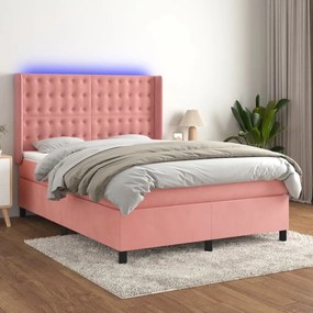 Box spring postel s matrací a LED růžová 140x190 cm samet,  3139804