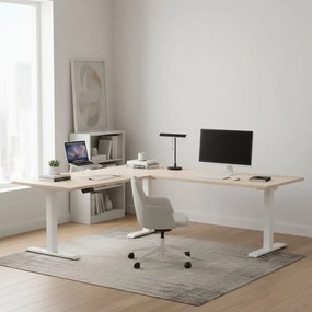Výškově nastavitelný stůl OfficeTech Angle, 180 x 200 cm, bílá podnož, dub