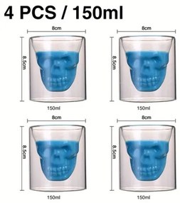 Panákové sklenice ve tvaru lebky Set: 4 ks 150 ml