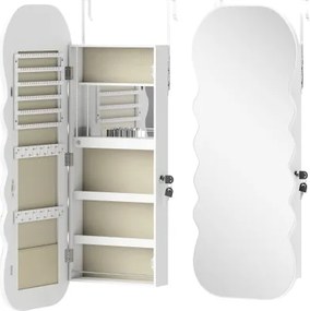 HOMCOM zrcadlo na šperky s LED světlem, montovatelné na stěnu nebo dveře, se zámkem, celozrcadlo, bílé