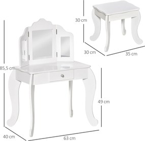 HOMCOM Dětský toaletní stolek s taburetem, triptychem zrcadel a posuvným zásuvkou - Rozměry toaletního stolku 63D x 40Š x 85,5V cm - Bílý akryl