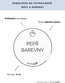 Samolepka na kořenky PEPŘ BAREVNÝ průhledná 5 cm základní písmo