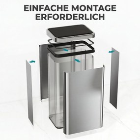 HOMCOM Senzorový odpadkový koš 50 l nerezová ocel Automatický odpadkový koš s víkem s měkkým zavíráním Senzor pohybu 35,5 x 26 x 67 cm Stříbrná barva