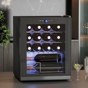 HOMCOM Volně stojící vinotéka, 16 lahví, pro domácí bar, obývací pokoj, kuchyň, dotykový displej, skleněné dveře, LED osvětlení