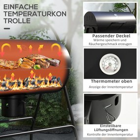 Kovový gril na dřevěné uhlí BBQ udírna s víkem Teploměr Kolečka Grilovací vozík 95x71,5x102 cm Černá barva