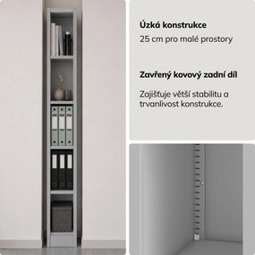 Úzký kovový archivační regál na dokumenty šedý, 250x1850x600 mm: TIM