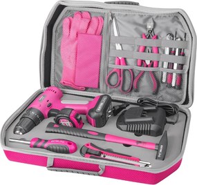 Vrtací šroubovák aku s příklepem, růžový, 12 V Li - ion, 2000 mAh, v kufru s nářadím, sada 27 ks EXTOL LADY 402403
