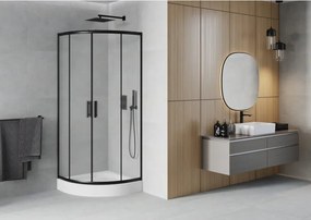 Mexen Rio, čtvrtkruhový sprchový kout s posuvnými dveřmi 70 (dveře) x 70 (dveře) x 190 cm, 5mm sklo námraza, černý profil + bílá sprchová vanička RIO, 863-070-070-70-30-4710