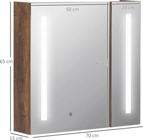 kleankin Nástěnná zrcadlová skříňka s LED osvětlením do koupelny, 2 dveře s 3 úrovněmi, 70 x 15 x 65 cm, vzhled dřeva