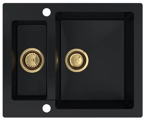 Sink Quality Ferrum, kuchyňský granitový dřez 605x495x210 mm + zlatý sifon, černá, SKQ-FER.C.5KBO.XG
