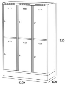 Alfa 3 Šatní skříňka S6 s úložnými boxy na soklu, 6 boxů, 1920 x 1200 x 500 mm, otočný zámek, modré dveře