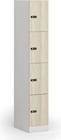 Šatní skříňka S1 s úložnými boxy, 4 boxy, 1850 x 300 x 500 mm, demont, mechanický kódový zámek, laminované dveře, dub přírodní